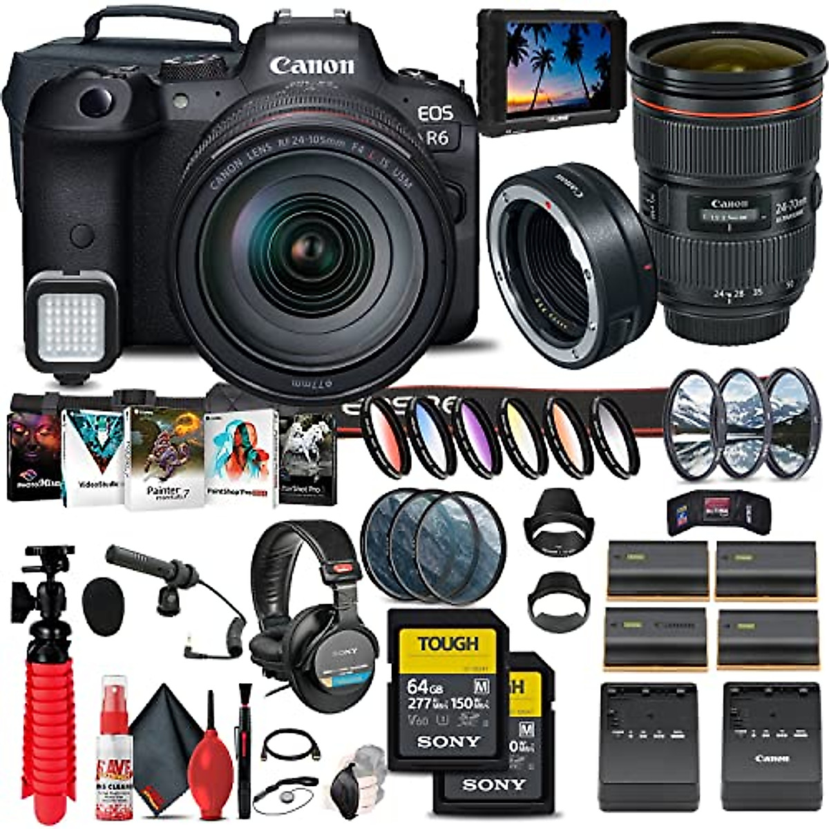 Canon EOS R6 Mirrorless Digital Camera with 24-105mm f/4L Lens (4082C012) + 4K Monitor + Canon EF 24-70mm Lens + Headphones + Mount Adapter EF-EOS R + Pro Mic + 2 x 64GB Tough Card + More (Renewed)