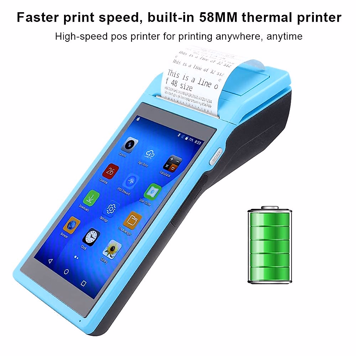 Ciglow Android POS Terminal Receipt Printer, 58mm Handheld Barcode Scanner Printer with 5.5in IPS Display, Support 8GB, WiFi, BT3.0/4.0, Blue, 110-240v(US)