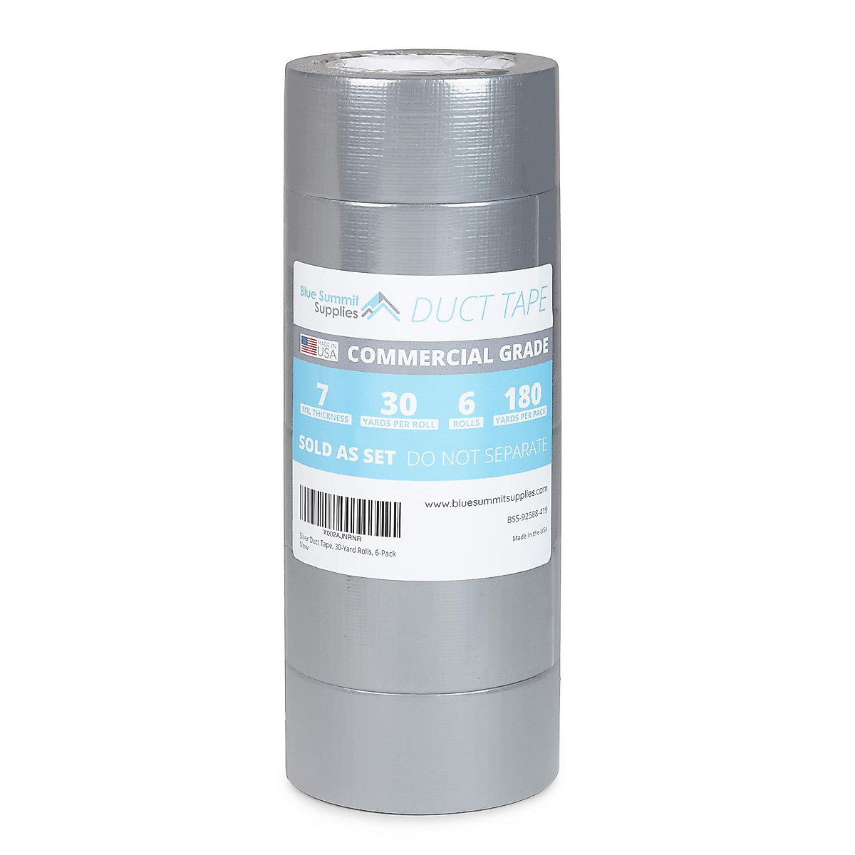 Blue Summit Supplies 6 Pack Duct Tape Multi Pack, Tear by Hand Design, Silver, Strong 7mil Thickness, Commercial Grade Strength, 30 Yard Length, 180 Total Yards Value Pack