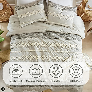 Hyde Lane Boho Gray Comforter Set King, Farmhouse Bedding Sets, Cotton Top with Modern Neutral Style Clipped Jacquard Stripes, 3-Pieces Including Matching Pillow Shams (104x90 Inches)