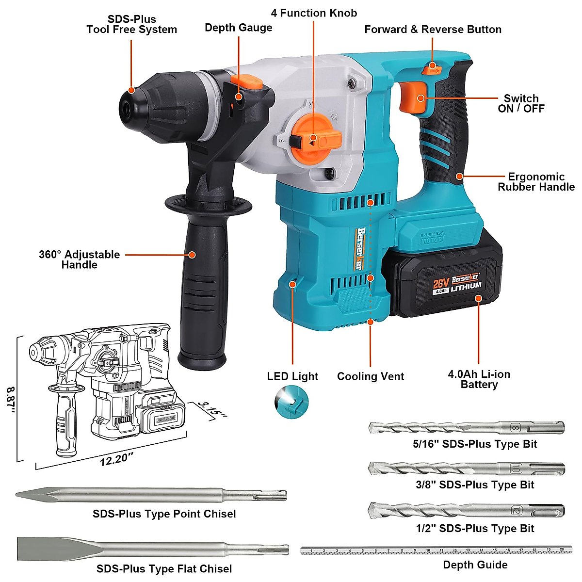 Berserker 20V Cordless 1-1/8" Rotary Hammer Drill SDS-Plus Brushless Motor with Safety Clutch, 4.0Ah Lithium-Ion Battery Powered, 3.0A Fast Charger, 4 Modes Variable Speed Rotomartillo for Concrete