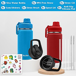 XccMe 16 oz Kids Water Bottle 2 Pack,Water Bottles for School Kids,Metal Water Bottle,Stainless Steel Insulated Thermos with Straw,4 replacement Lid,Straw Brush,Cute Stickers,Boys Girls Water Cup