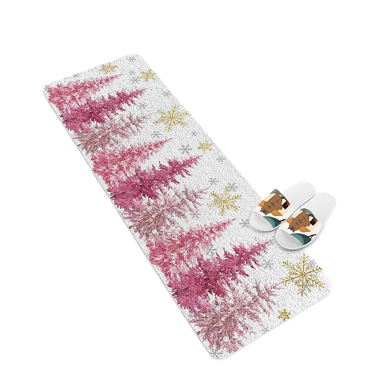 Shower Mat Non Slip Bathtub Mat Pink Christmas Xmas Tree Golden Snowflake Bath Mat Soft Loofah Shower Mats for Shower Tub Bathroom Quick Drying Foot Mat, 16x36 Inch