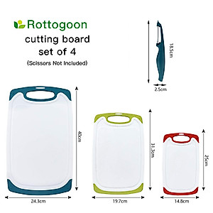 Cutting Boards for Kitchen, Plastic Chopping Board Set of 4 with Non-Slip Feet and Deep Drip Juice Groove, Easy Grip Handle, BPA Free, Non-porous, Dishwasher Safe