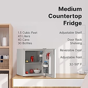 Husky Premium White Mini Refrigerator with 1.5 Cu.ft./43L Capacity, Countertop Mini Fridge with Reversible Door, Retro Mini Fridge, Freestanding Small Fridge for Bedroom, Bar, and Office
