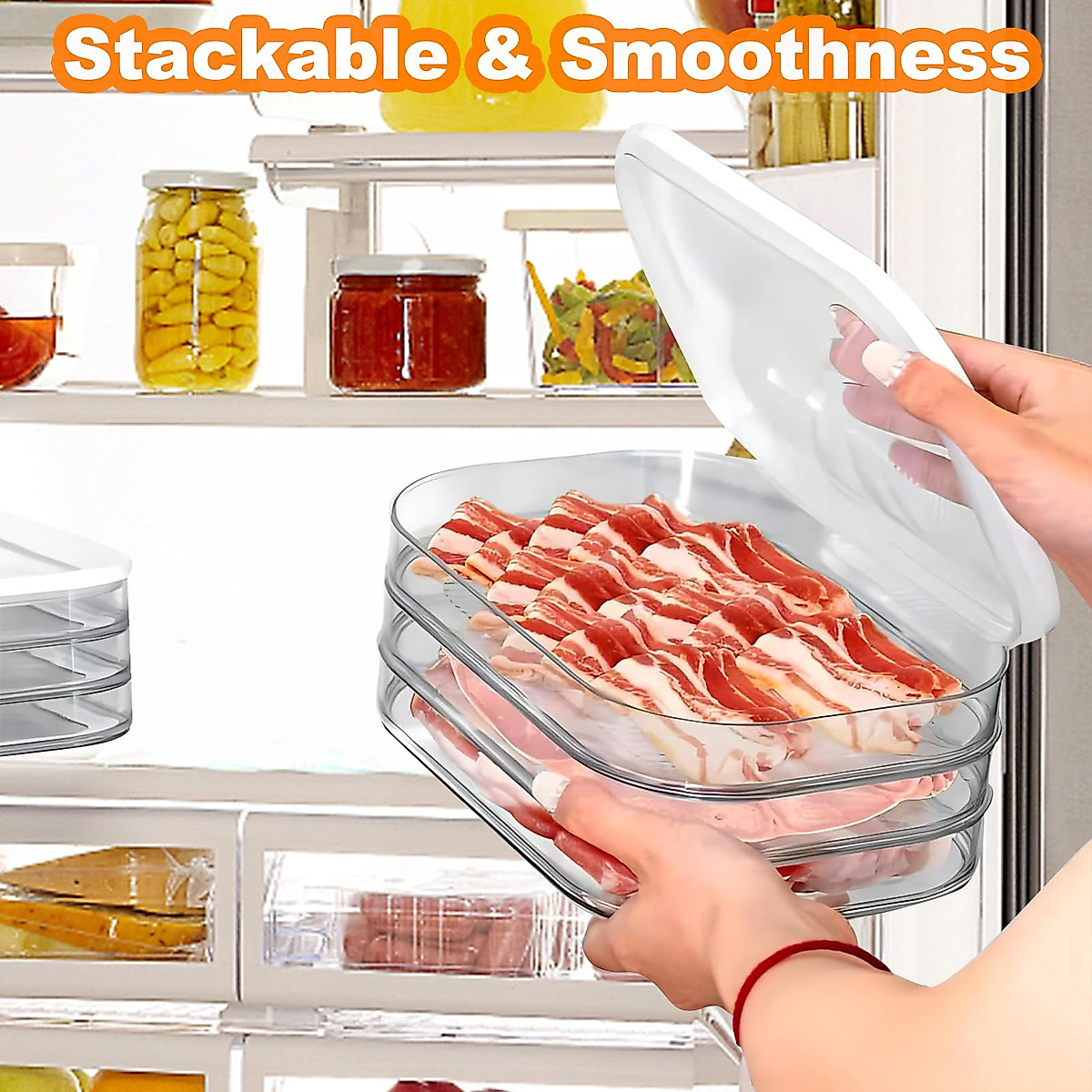 RAUWIZX 3 PCS Bacon Refrigerator Crisper with Lid, Deli Meat Cold Cut Food Storage Organizer, Plastic Bacon Crisper, Stackable Refrigerator Transparent Organizer, (FREE MEAT CUTTERS)