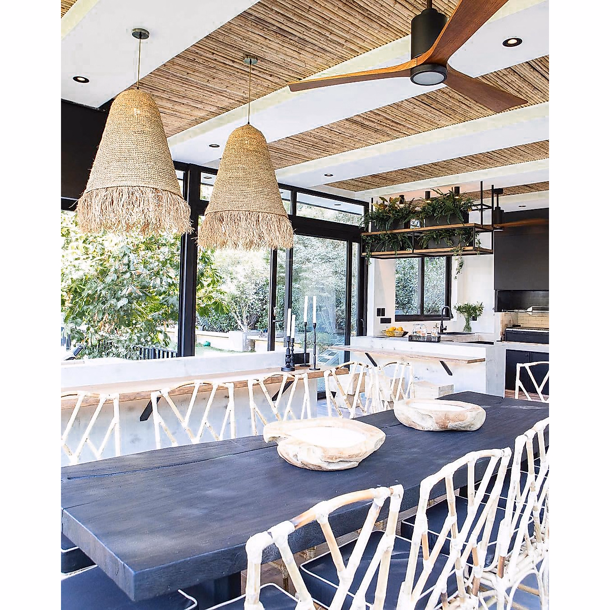 Matthews PA3-BRBR-WA-60 Patricia Indoor/Outdoor Damp Rated 60" Ceiling Fan with LED Light and Remote & Wall Control, 3 Walnut Solid Wood Blades, Brushed Brass