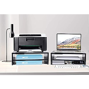 AMERIERGO Monitor Stand Riser, 2-Tier Wood Computer Stand, Ergonomic Monitor Riser Desk Organizer with Storage and Cable Management, Versatile as Storage Shelf & Screen Holder, for Laptop Printer PC