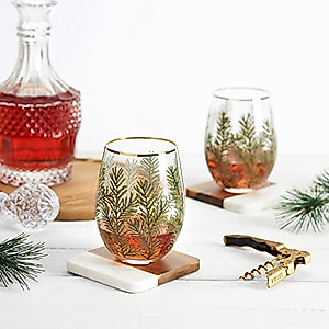 Twine Woodland Stemless Wine Glasses, Festive Gold Rim Tumblers, Decorative Barware, 16 Oz Set of 2