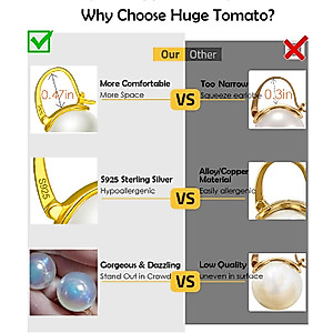 HUGE TOMATO Pearl Earrings for Women Trendy, 14mm 925 Sterling Silver Pearl Drop Earrings Fashion, 14K Gold Plated Hypoallergenic Large White Shell Pearl Hoop Earring Dangle Jewelry for Wedding Gift