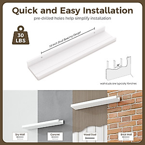 Picture Ledge Shelf, Pine Wood Floating Shelves Set of 2, 24 inch Nursery Book Shelves, Photo Ledge Book Shelves Wall Mounted for Living Room Kids' Room Bedroom - White