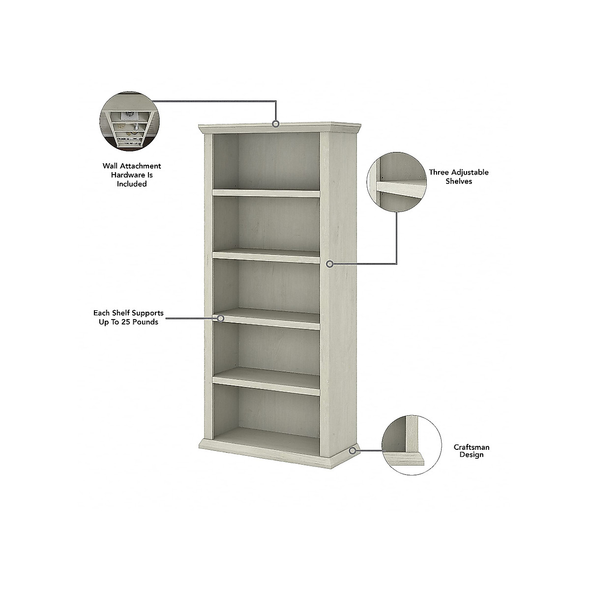 Bush Furniture Yorktown Home Office Desk with 5 Shelf Bookcase, 50W, White Oak