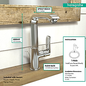 hansgrohe Metris Modern Upgrade Easy Install 1-Handle 1 10-inch Tall Bathroom Sink Faucet in Chrome, 31087001,Small