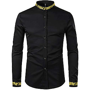 ZEROYAA Men's Luxury Gold Embroidery Design Slim Fit Long Sleeve Button Up Dress Shirts ZHCL44-Black Large