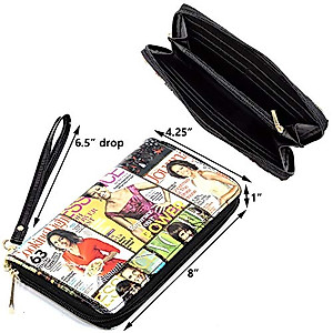 Glossy magazine cover collage dome satchel bag purses bowling bag Michelle Obama bags with wallet set 2 in 1 (MULTI/RD)