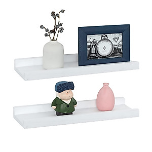 PHOENANCEE Picture Shelf Set of 2,Wood Wall Ledge with Lip,Photo Frames Book Storage Display Shelves for Living Room Bedroom Kitchen Kids Nursery,Home Office Decor(Rustic White,17 Inch)