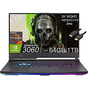 Asus ROG Strix G15 Gaming Laptop (15.6/ (2560x1440) 165Hz,AMD Ryzen 7 6800H,64GB DDR5 RAM,1TB SSD,RTX 3060 140W,8-core (Beat i7-11700H)),RGB Backlit Keyboard,IST Cable,Win 11 Home -202 Eclipse Gray