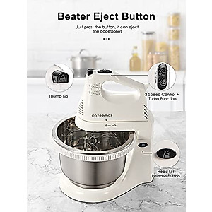 2 in 1 Hand Mixers Kitchen Electric Stand mixer with bowl 3 Quart, electric mixer handheld for Everyday Use, Dough Hooks & Mixer Beaters for Frosting, Meringues & More (White-S)