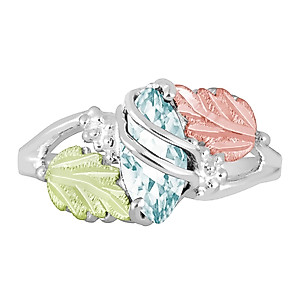 Marquise Synthetic Aquamarine March Birthstone Wrap Ring, Sterling Silver, 12k Green and Rose Black Hills Gold Size 8.5