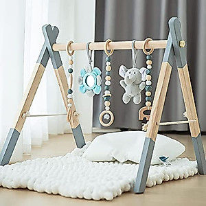 Wooden Baby Play Gym Foldable Frame Activity Gym Hanging Bar with 5 Gym Baby Toys Natural Gift for Newborn Baby (Foldable Grey)