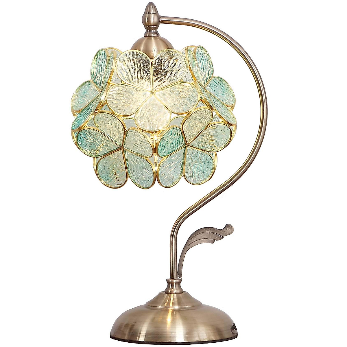 Bieye L10733 Tiffany Style Stained Glass Flower Petal Table Lamp with Brass Base for Home Décor (Light Blue, 8" Cherry Blossom)