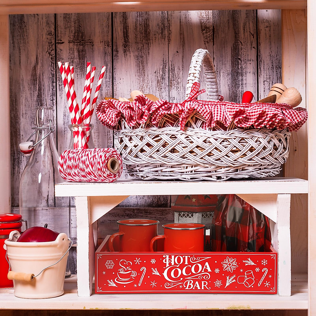 Uiifan 2 Pcs Christmas Hot Cocoa Bar Wood Storage Box with Handles Wood Box Decorative Wood Crate Wooden Basket Bin Serving Tray for Home Office Kitchen Xmas Holiday Gift Party Supplies