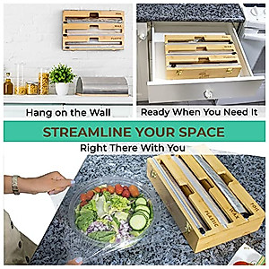 WOODZII 3 in 1 Plastic Wrap Dispenser with Cutter - Bamboo Foil and Plastic Wrap Organizer for Kitchen Drawer or Wall Mount - Wax Paper & Aluminum Foil Organizer Compatible with 12" Roll