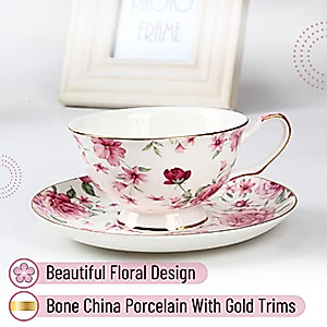 BTaT- Tea Cups, Tea Cups and Saucers Set of 6, Tea Set, Floral Tea Cups (8oz), Tea Cups and Saucers Set, Tea Set, Porcelain Tea Cups, Tea Cups for Tea Party, Rose Teacups, China Tea Cups (Bone China)