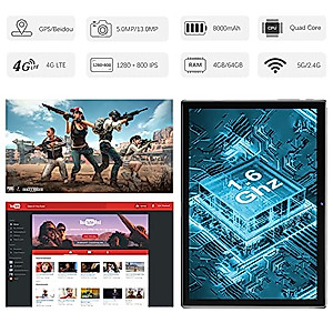 qunyiCO Android Tablet 10 inch Tablets Y20 (10.1'') Android 10.0 Tablet, 4G Dual SIM, 4GB RAM 64GB ROM, 8000mAh, 1280x800 IPS, 5MP+13MP Dual Camera, 5G / 2.4G Dual WiFi, Type C/OTG/GPS