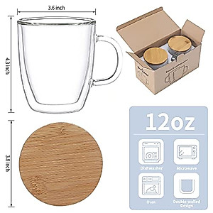 Wwyybfk Double Wall Glass Coffee Mugs,12oz Insulated Glass Espresso Mugs Cups with Handle Lid (Set of 2) for Cappuccino, Latte, Tea (340ml)