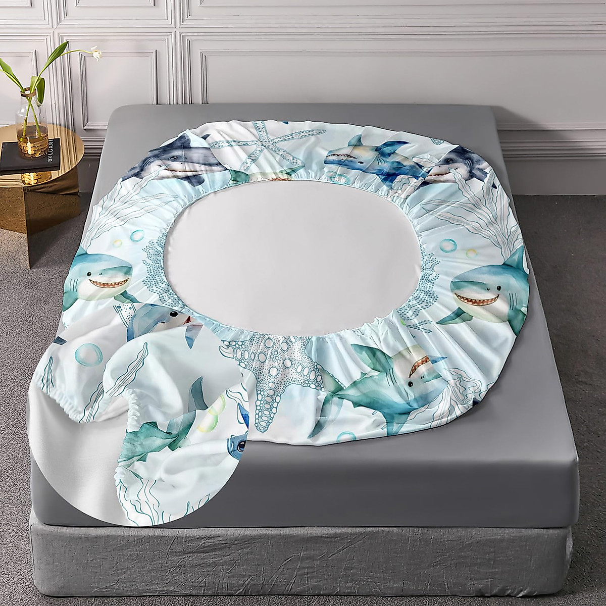 AILONEN Shark Fitted Sheet Set Twin Size, Ocean Shark Bed Sheet Set for Boys Kids,Blue Starfish Shark Fitted Sheet with 2 Pillowcases,3 Pieces Bed Sheet Set