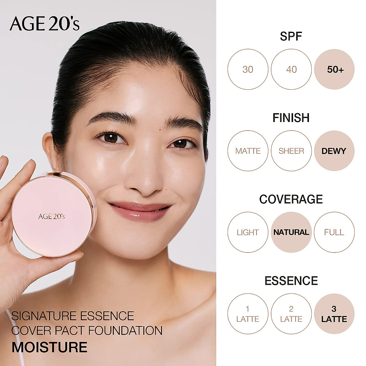 AGE 20’s Signature Hydrating Essence Sunscreen Foundation for Dry Skin, SPF 50+, BB & CC Cream, Moisture Cushion Pact, Refill Included, 21 Light Beige (0.49oz x 2ea)