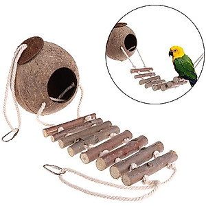 Natural Coconut Shell with Wood Ladder Bird Breeding Nest Bed Perch Swing Toy for Parrot Budgie Parakeet Cockatiel Conure Lovebird Canary Finch Small Parrot Hamster Rat Chinchilla Cage
