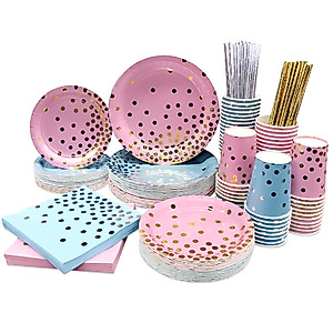 Ottin Gender Reveal 250 PCS Pink and Blue Paper Plates and Napkins Set Decorations for Wedding Boy or Girl's Birthday Party Baby Shower Bridal Shower Christmas New Year Valentine's Day