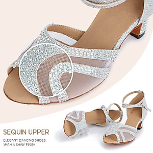 FUKZTE Womens Ballroom Dance Shoes for Social Salsa Latin Dance Dress Shoes Womens Open Toe Dancing Shoes,silver 1.97 inch heel,6 US