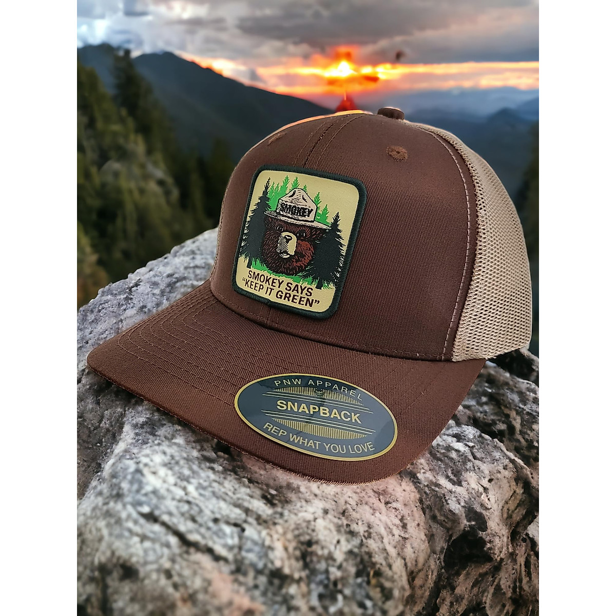 PNW Apparel Smokey The Bear Keep it Green Snapback Trucker Hat with Smokey The Bear Woven Patch (Brown/Tan)