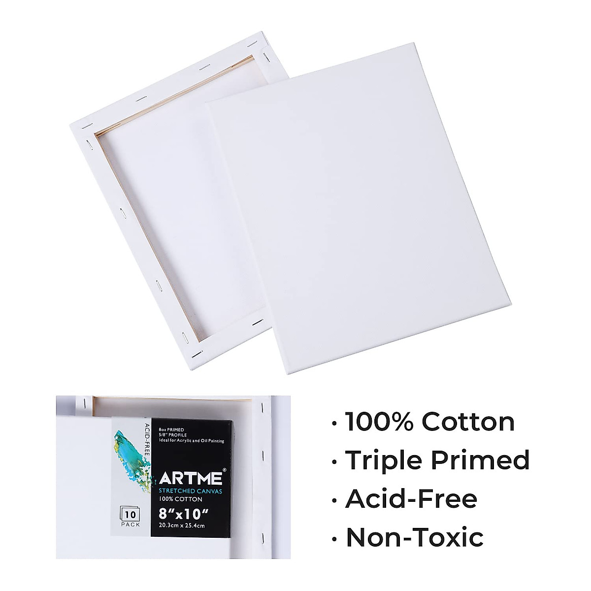 ARTME Stretched Canvas 8x10 Inch Pack of 10, 8oz Primed Acid-Free 100% Cotton, White Blank Canvases Perfect for Acrylic, Oil, and Other Painting Media, Ideal Painting Canvas for Artists and Students