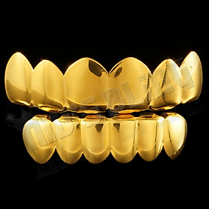 NIV'S BLING | 18k Yellow, Silver, and Rose Gold-Plated Stainless Steel 6 Teeth Grillz | Men and Women Fashion Dental Jewelry Grill | Top, Bottom, Set (Yellow Gold, Top and Bottom Set)