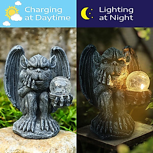 MIBUNG Large Gargoyle Statue Holding Magic Orb with Solar Lights Outdoor Decor, Gargoyle Monster Dragon Garden Guardian Gothic Creep Scary Sculpture, Patio Yard Lawn Decoration, Valentine's Day Gift