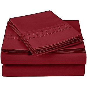 SUPERIOR Regal Greek Key Embroidered Sheets, Luxurious Silky Soft, Light Weight, Wrinkle Free Brushed Microfiber, Twin XL Size 3 Piece Sheet Set, Burgundy