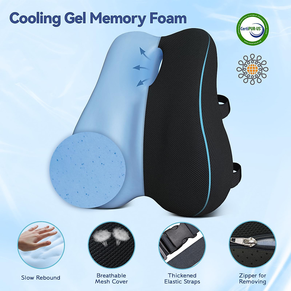 Lumbar Support Pillow for Office Chair, Cooling Memory Foam Pillow for Back Pain Relief, Ergonomic Back Support Pillow with Dual Extension Straps for Car, Couch, Recliner, Gaming Chair, Black