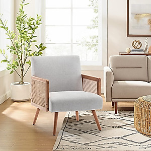 SHINEBOOM Accent Chair with Rattan Arms, Upholstered Mid Century Modern Chair for Bedroom Living Room Reading Chairs Rattan Armchair, Linen Comfy Lounge Chairs Side Chair, Beige