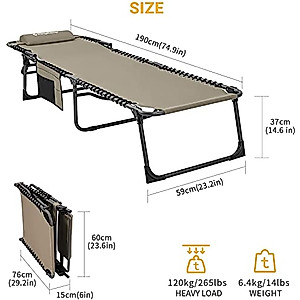 KingCamp Reclining Lounger Chair Camping Cots, 74.8" x 23.2" x 13.3", Beige
