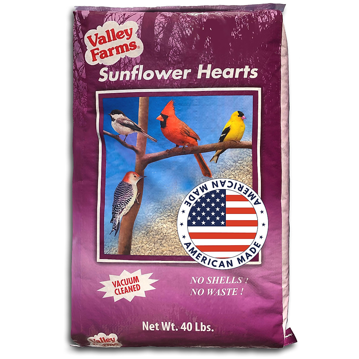 Valley Farms Whole Sunflower Hearts for Birds - A no Waste Bird Seed - No Mess Bird Seed for Outside Feeders, Tray or Tube Feeders - Sunflower Seeds for Wild Birds 40 LBS