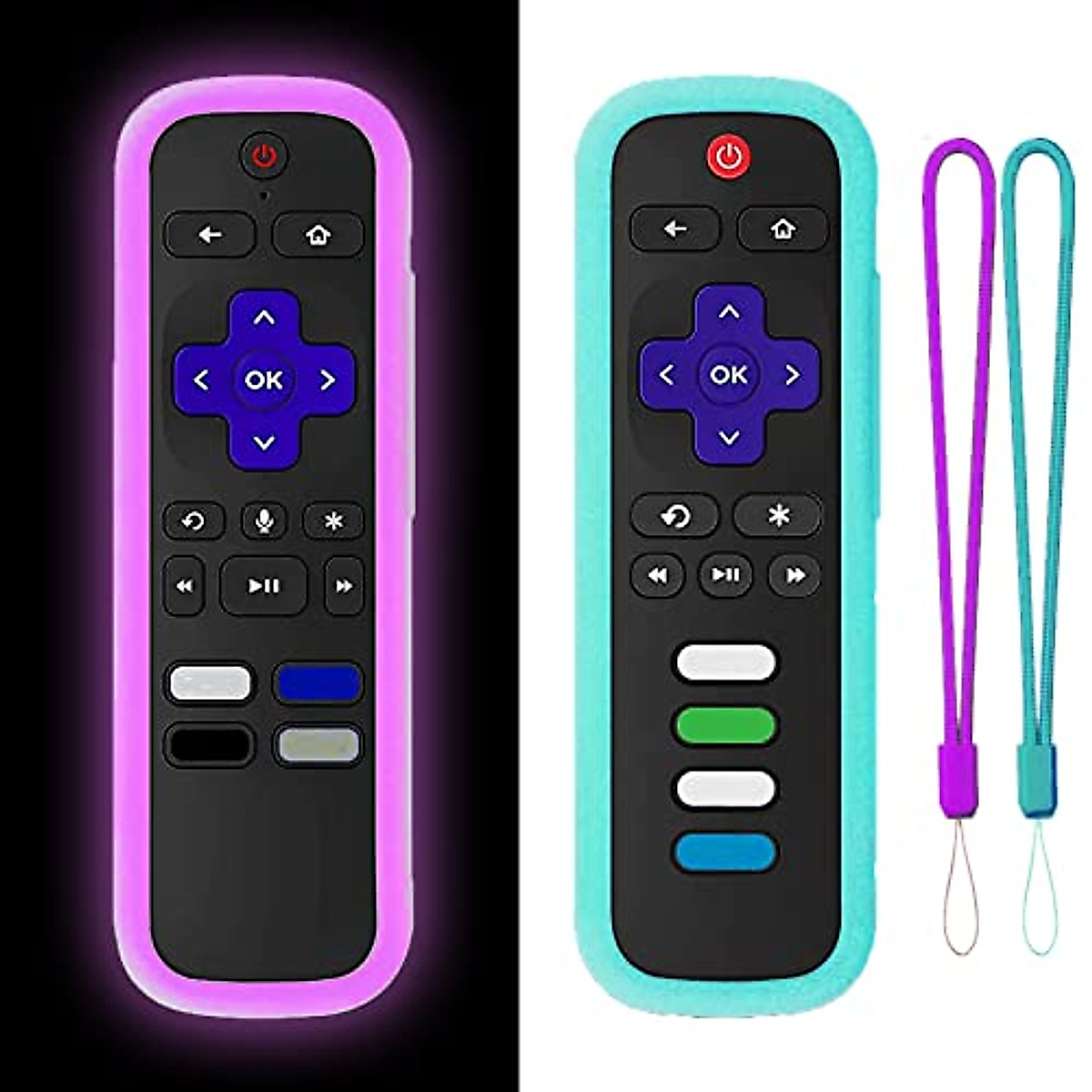 2Pack Remote Case for Roku Express 4K+ 2021 - Taiyiluo Silicone Universal Protective Controller Sleeve Compatible with TCL Roku | Hisense Roku | Streaming Stick+ with Lanyards(Glow Purple & Sky Blue)