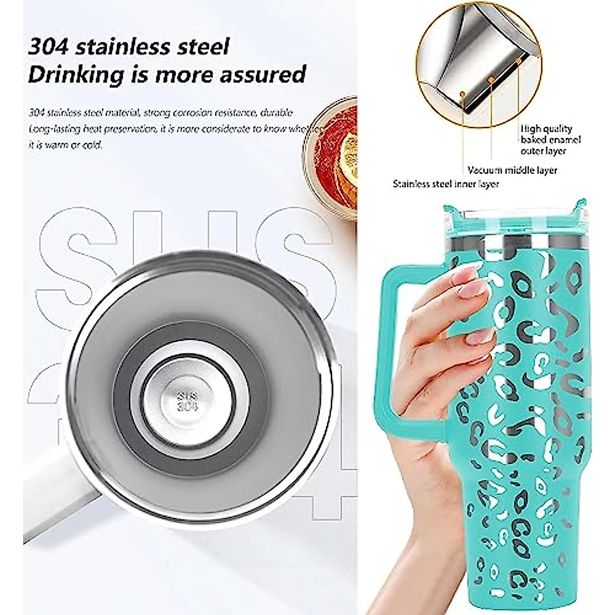 Holographic Leopard Tumbler 40 oz with Handle, Water Bottle, Gifts for Women & Men, Insulated Cup with Lid and Straw, Simple Modern, Water Bottles & Stanley Cups Trending Tumbler Gift 3D Green