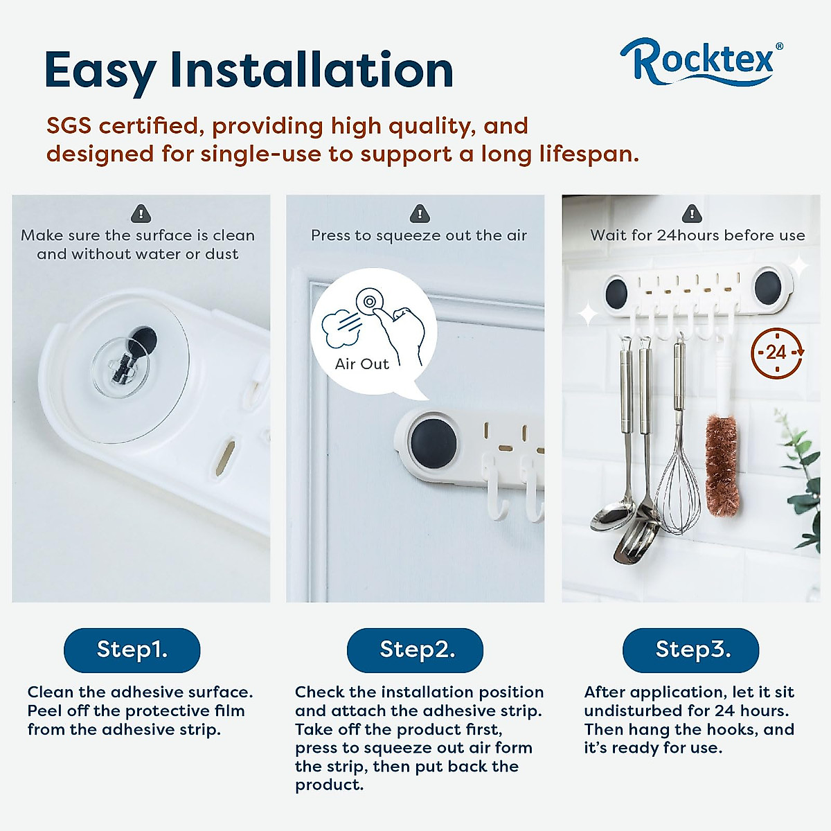 Rocktex No-Drill Hooks - White Self Adhesive Wall Hanging Hooks, Heavy Duty 4.4 lbs, Easy Installation, Versatile Vertical or Horizontal Options with 6 Adjustable Hooks for Wall, Bathroom, Kitchen