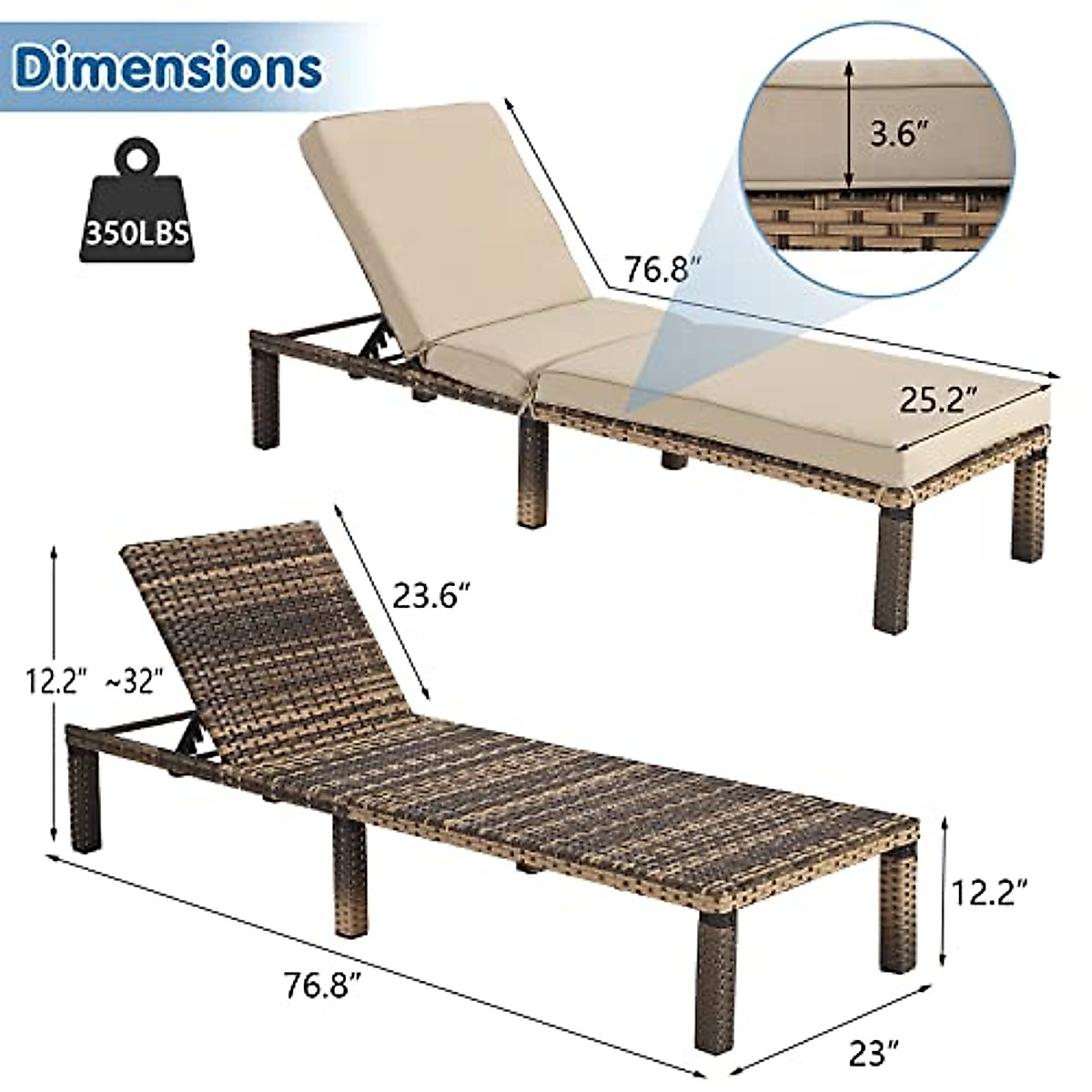 MAGIC UNION 2-Pack Rattan Outdoor Chaise Lounge Chairs Set Deck Lounge Chairs Patio Adjustable Wicker Chaise Lounge with Cushions Patio Seating Beach Chairs Chaise Lounge Chairs for Outside Pool, Lawn