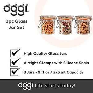 OGGI 3 Piece Airtight Glass Storage Containers Set - 3 Small 9oz Glass Kitchen Canisters with Clamp Lids & Silicone Seals - Farmhouse Kitchen Décor, Kitchen Storage, Pantry Storage, Food Storage