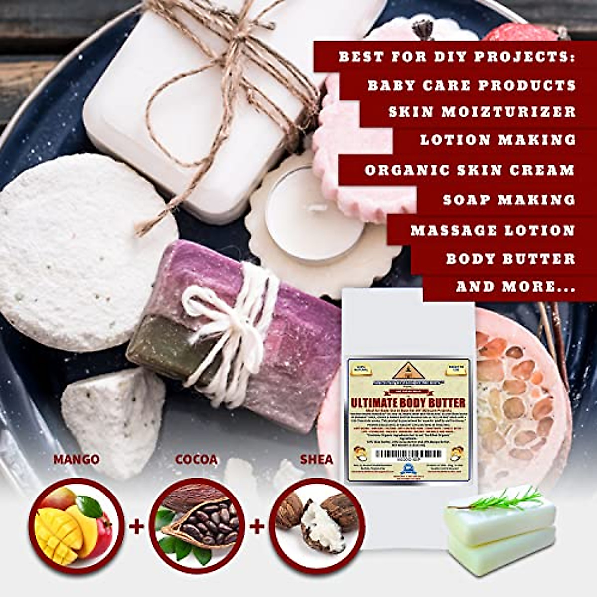 ANCIENT HEALTH REMEDIES Organic Shea, Cocoa, Mango Butter ULTIMATE BODY BUTTER Raw, Unrefined Skincare Ingredient for Homemade DIY Lotion Making, Baby Care and Hand Creams (USA) (2 LB)